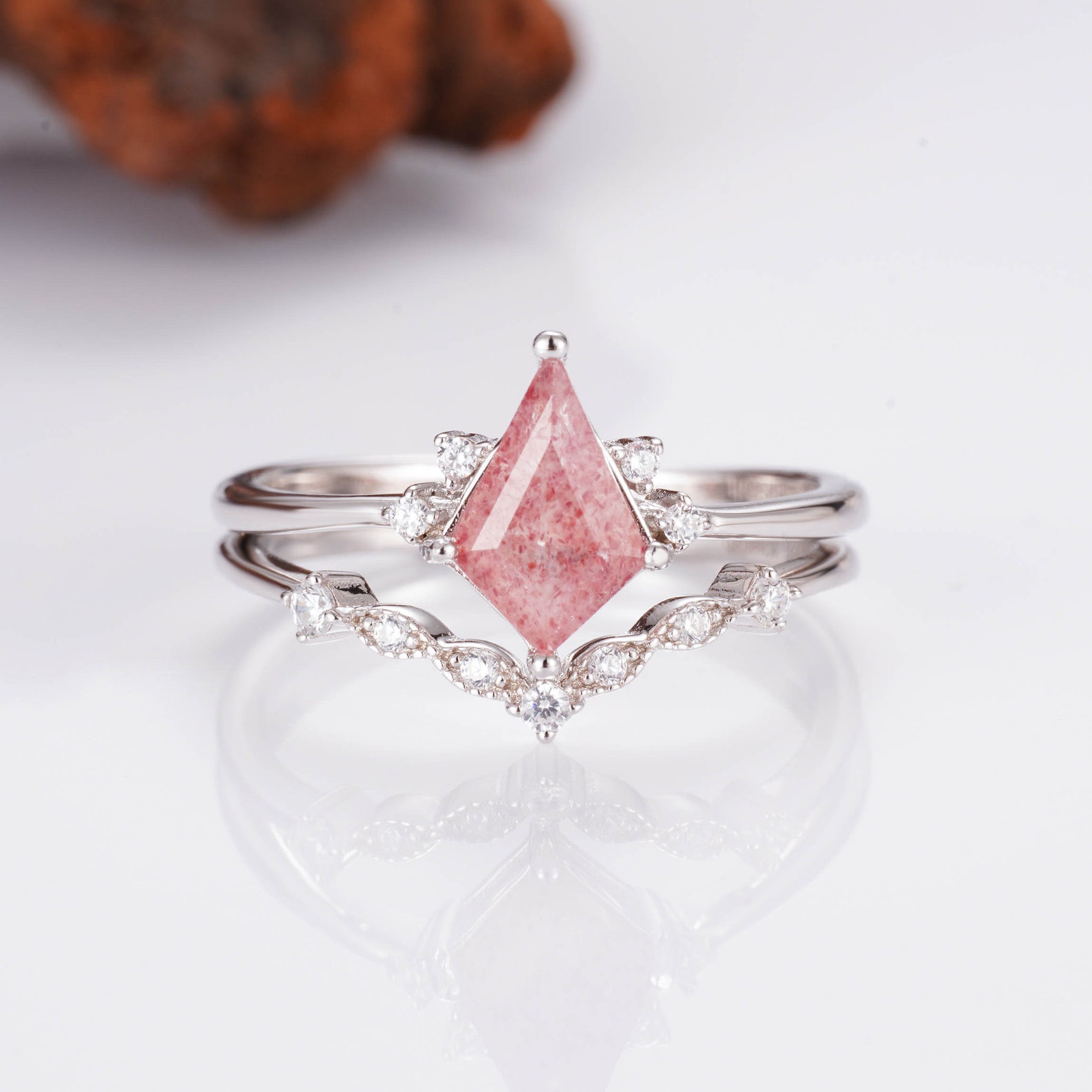 Qai Kite Strawberry Quartz Ring Set Engagement Promise September ...