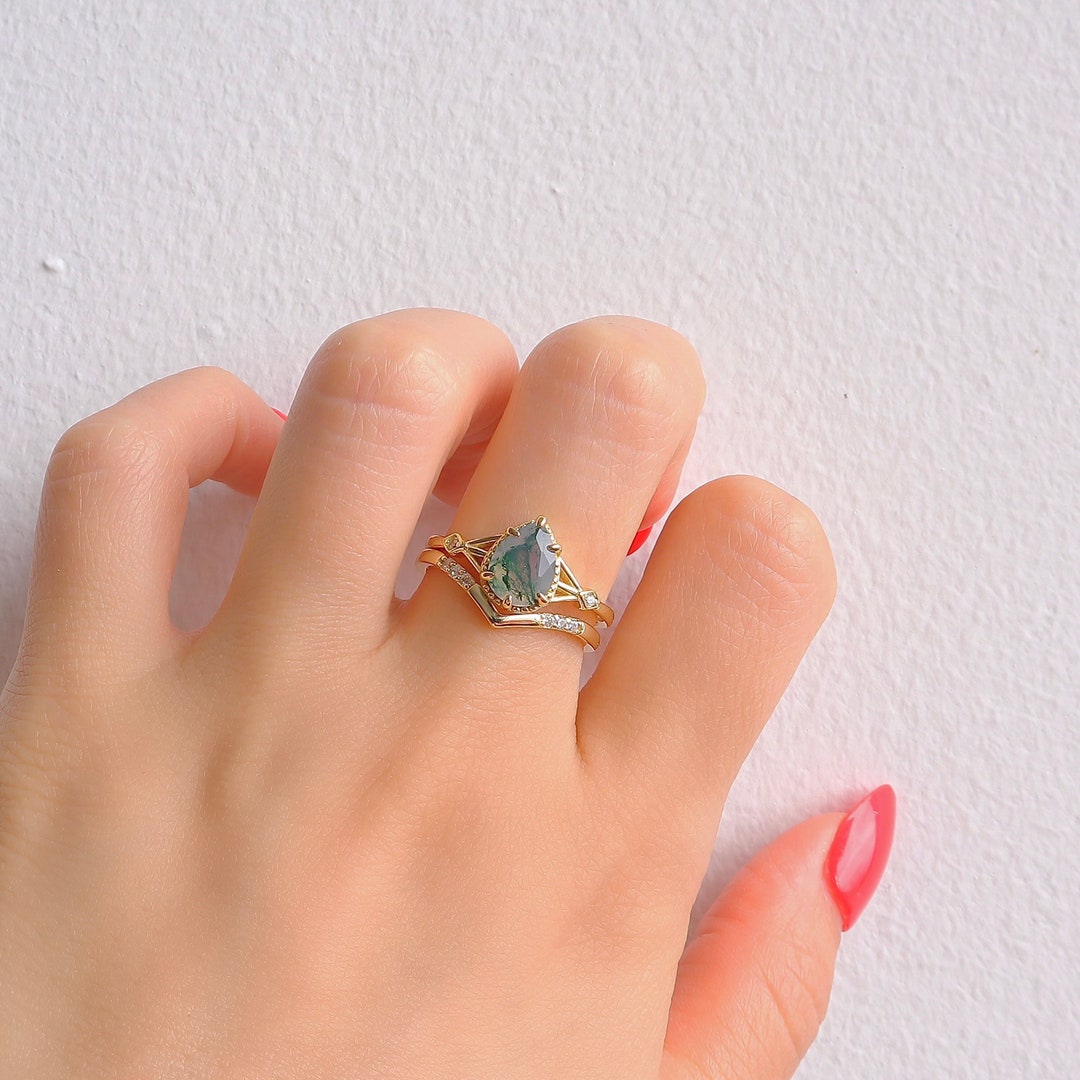 Emily Celtic Green Moss Agate Ring Set 14K Gold Filled Moissanite ...