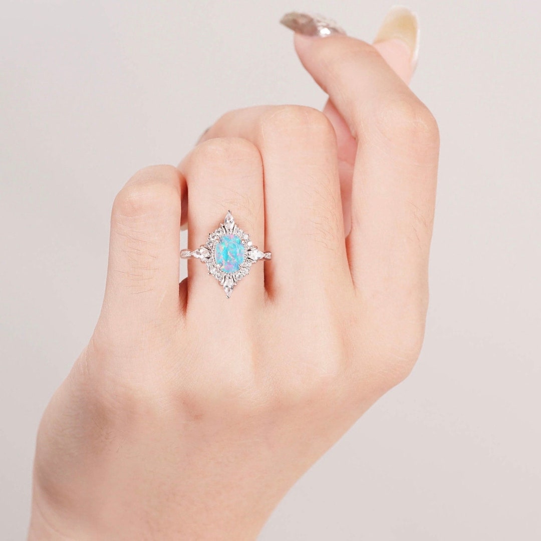 Mia Blue Fire Opal & Diamond Ring for Women Sterling Silver Engagement ...