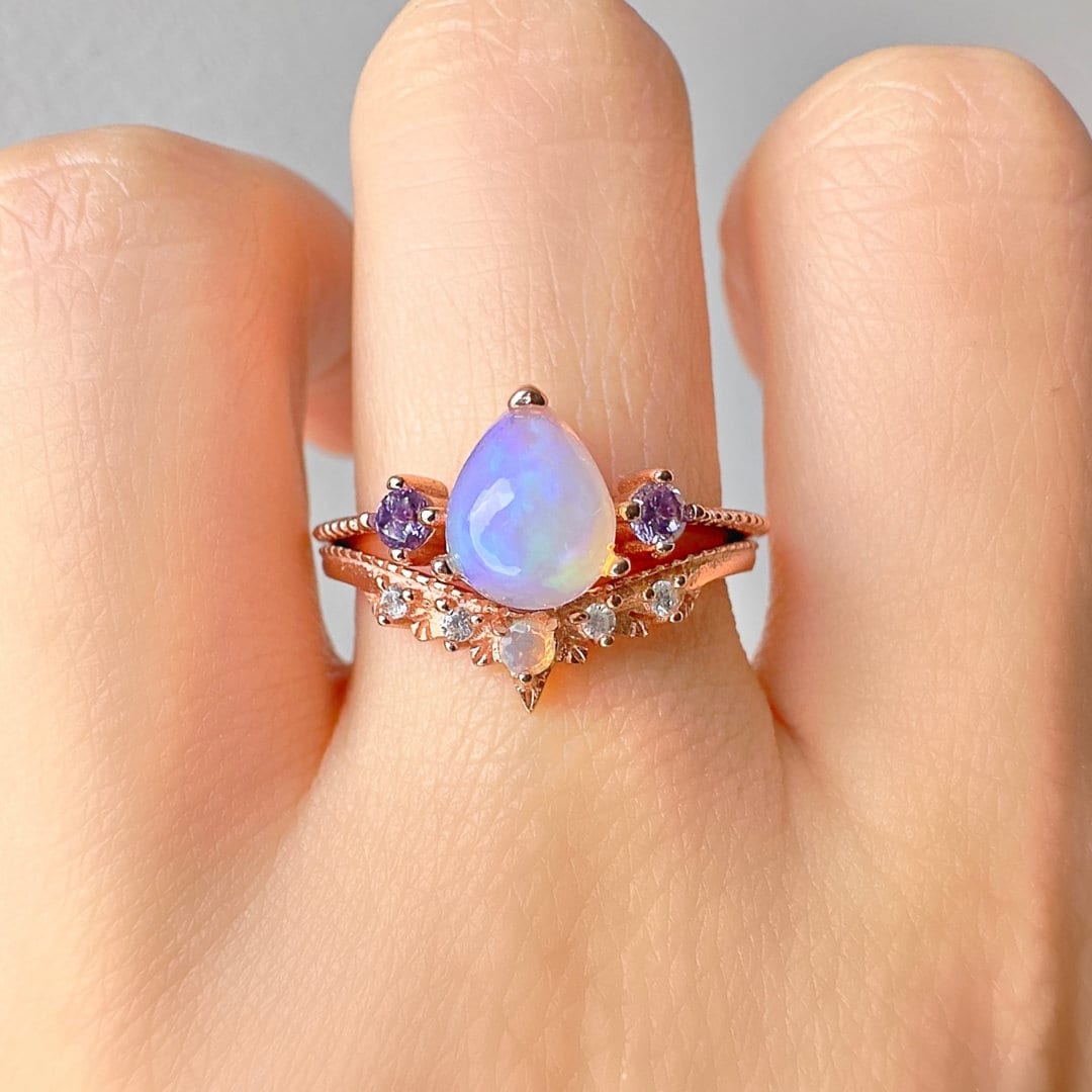 April Natural Opal and Amethyst Ring Set Dainty Minimalist Crystal Statement 14K Rose Gold ...