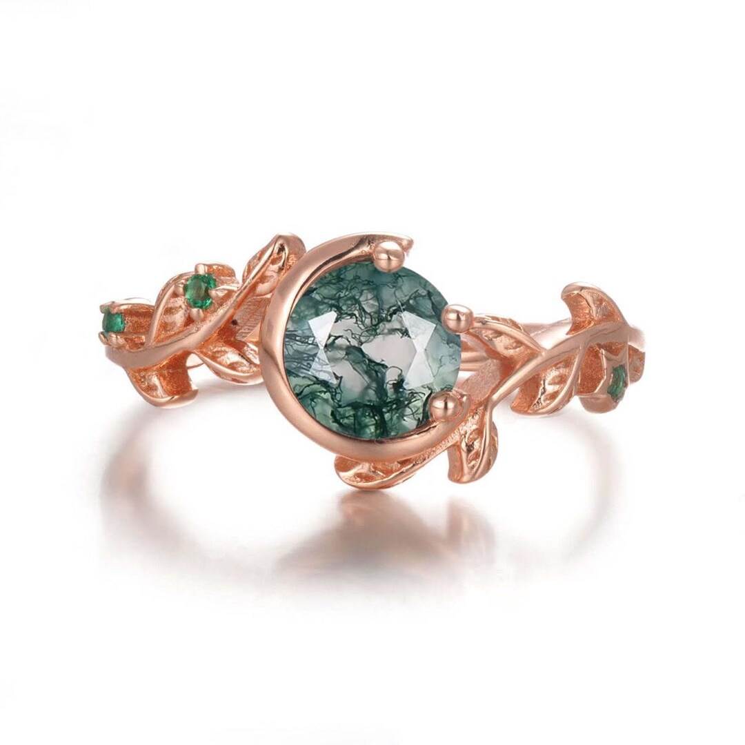 Tanya Vintage Moss Agate Ring for Women Engagement 14K Rose Gold Filled ...