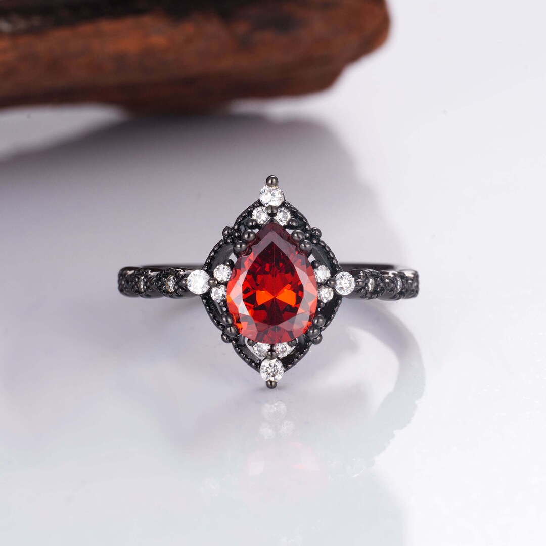 Gloria Natural Art Deco Red Garnet Ring - 925 Gothic Black Sterling ...