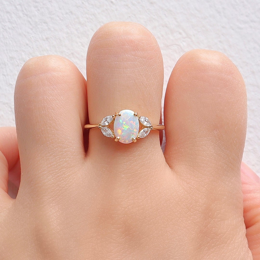 Ora Art Deco Opal Ring Gemstone Natural Sterling Silver 14K Gold Filled Engagement Promise ...
