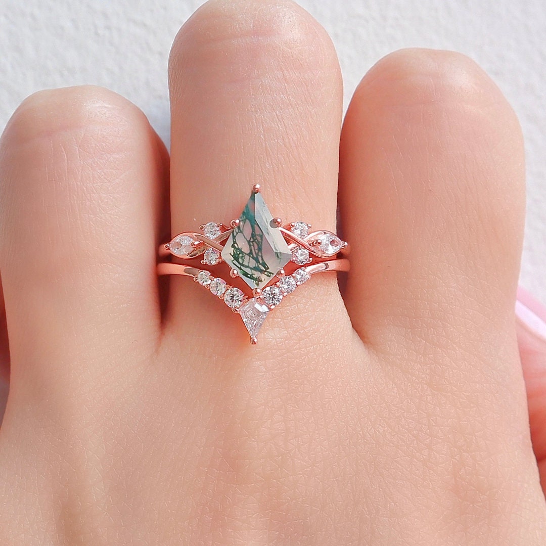 Cary Twisted Moss Agate Rose Gold Ring Set Promise Anniversary Gift for ...