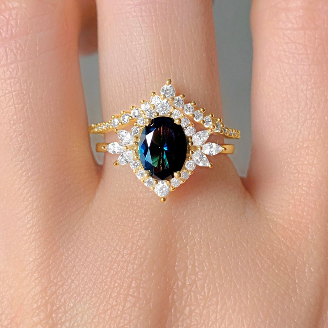 Nea London Blue Topaz Ring Set Engagement Promise 14K Gold Filled Vintage Anniversary Birthday ...