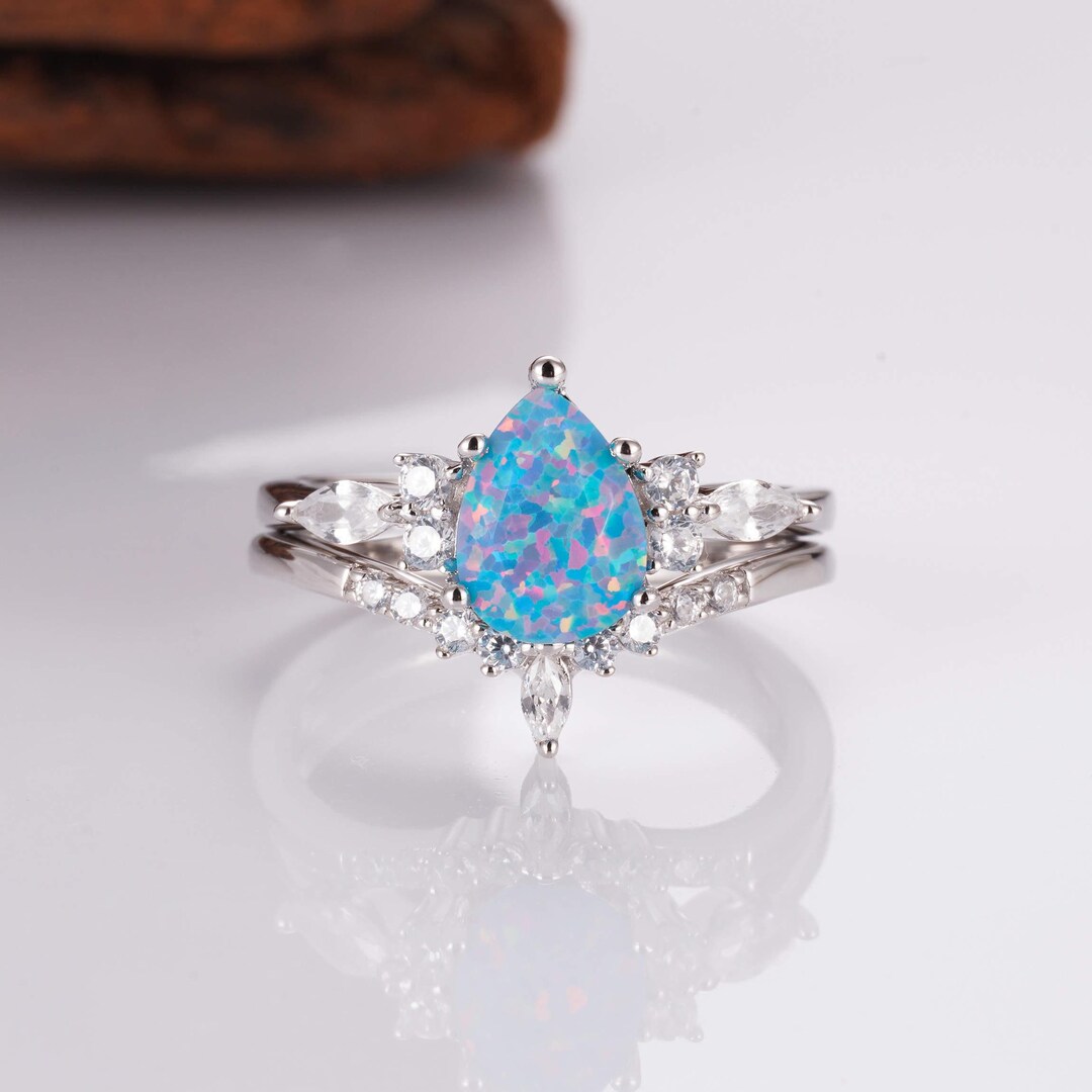 Erin Blue Fire Opal & Diamond Engagement Ring Set for Her - Sterling ...