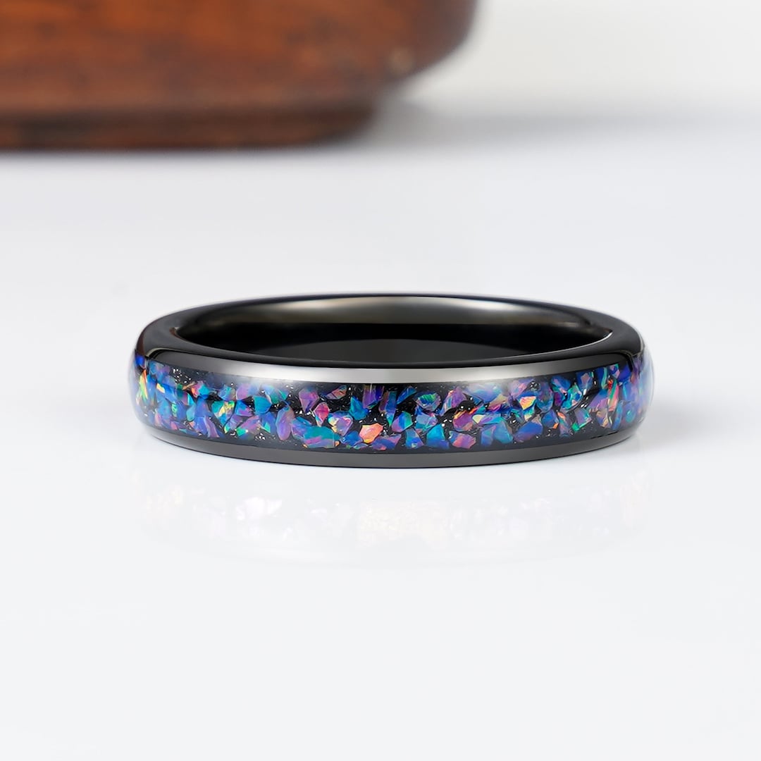 Oria Starry Night Opal Veil Nebula Tungsten Ring, Women Wedding Comfort ...