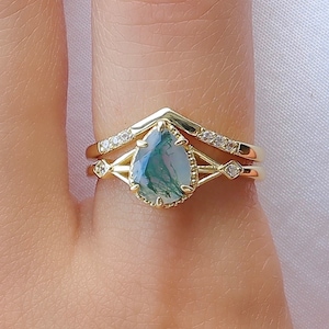 Emily Celtic Green Moss Agate Ring Set 14K Gold Filled Moissanite ...