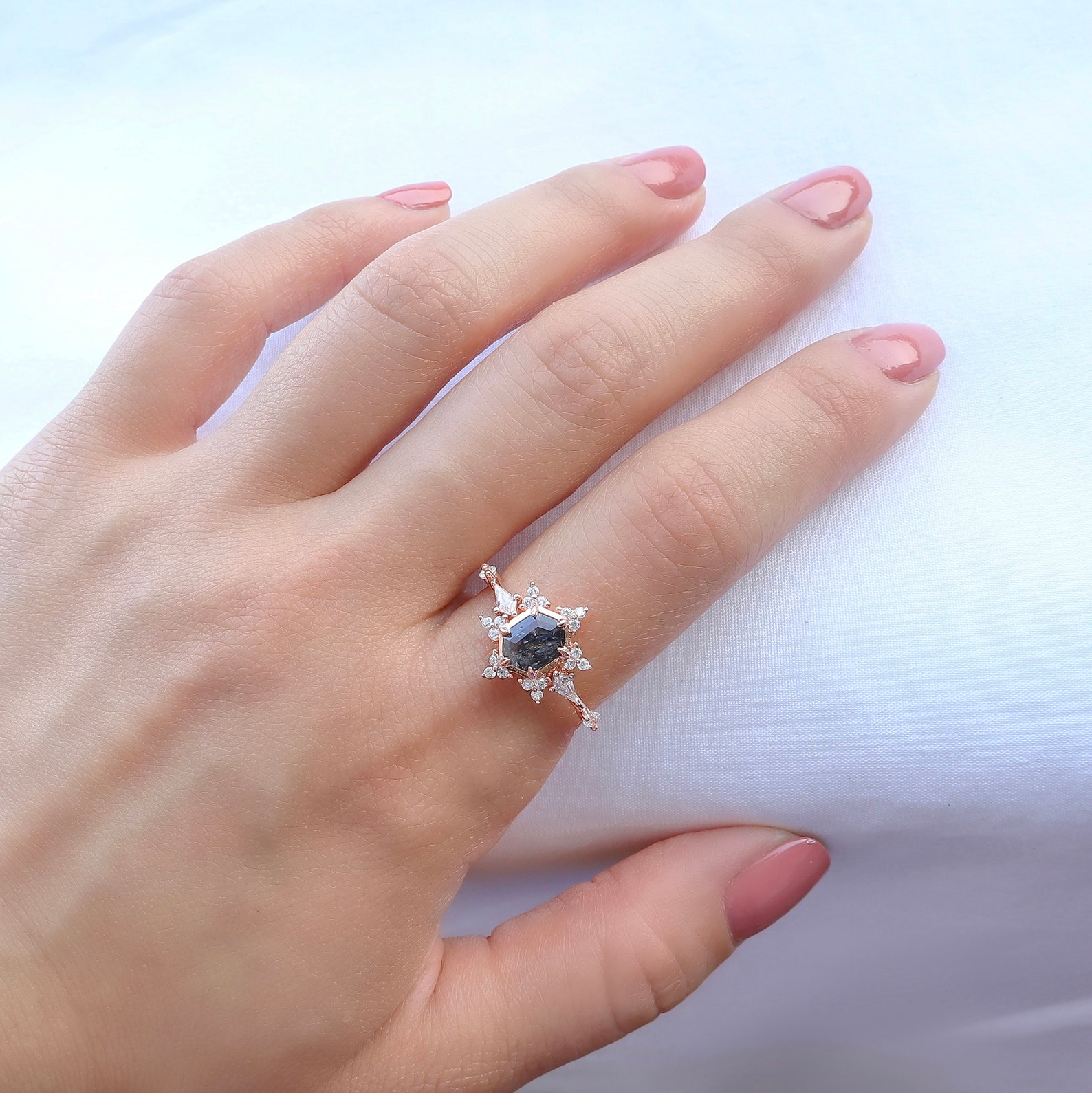 Mandy Vintage Natural Salt and Pepper Diamond Ring 14K Rose Gold Filled ...
