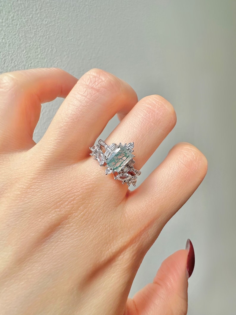 Sea Vintage Green Moss Agate Ring Set Sterling Silver Gold Natural ...