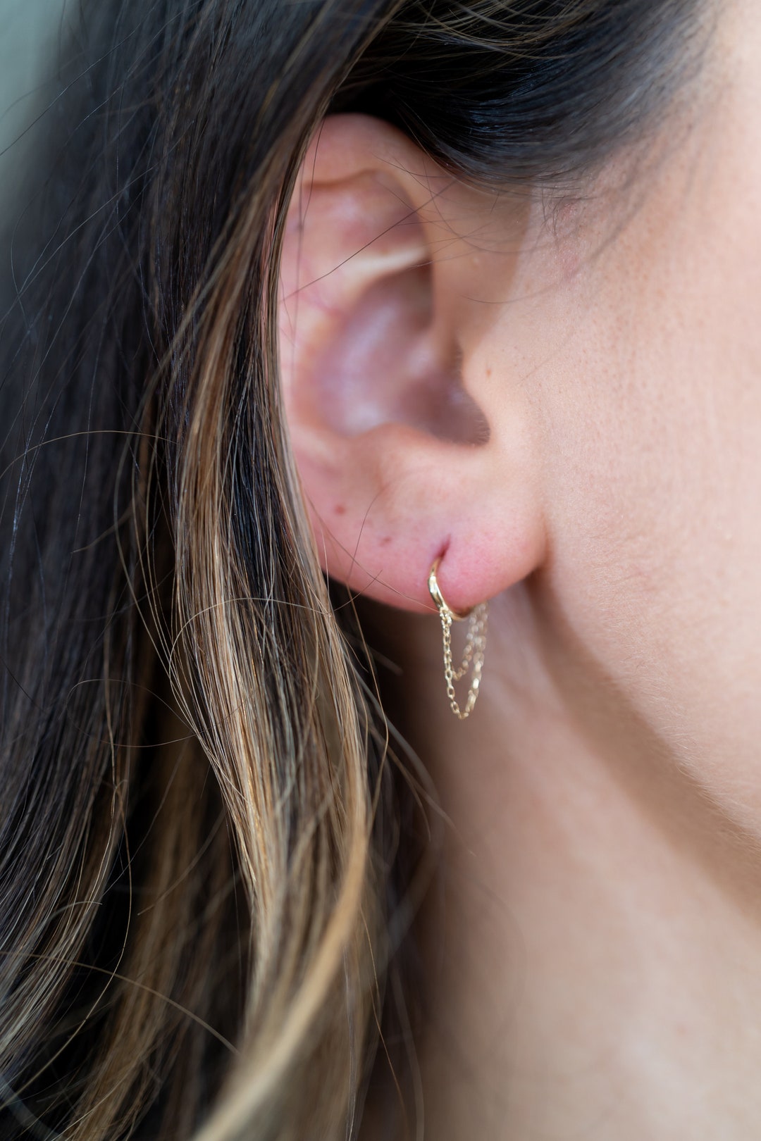 Ula SOLID GOLD Small Hoop Hinged Earrings 9K Solid Gold Delicate Chain Dangle Drop Earring ...