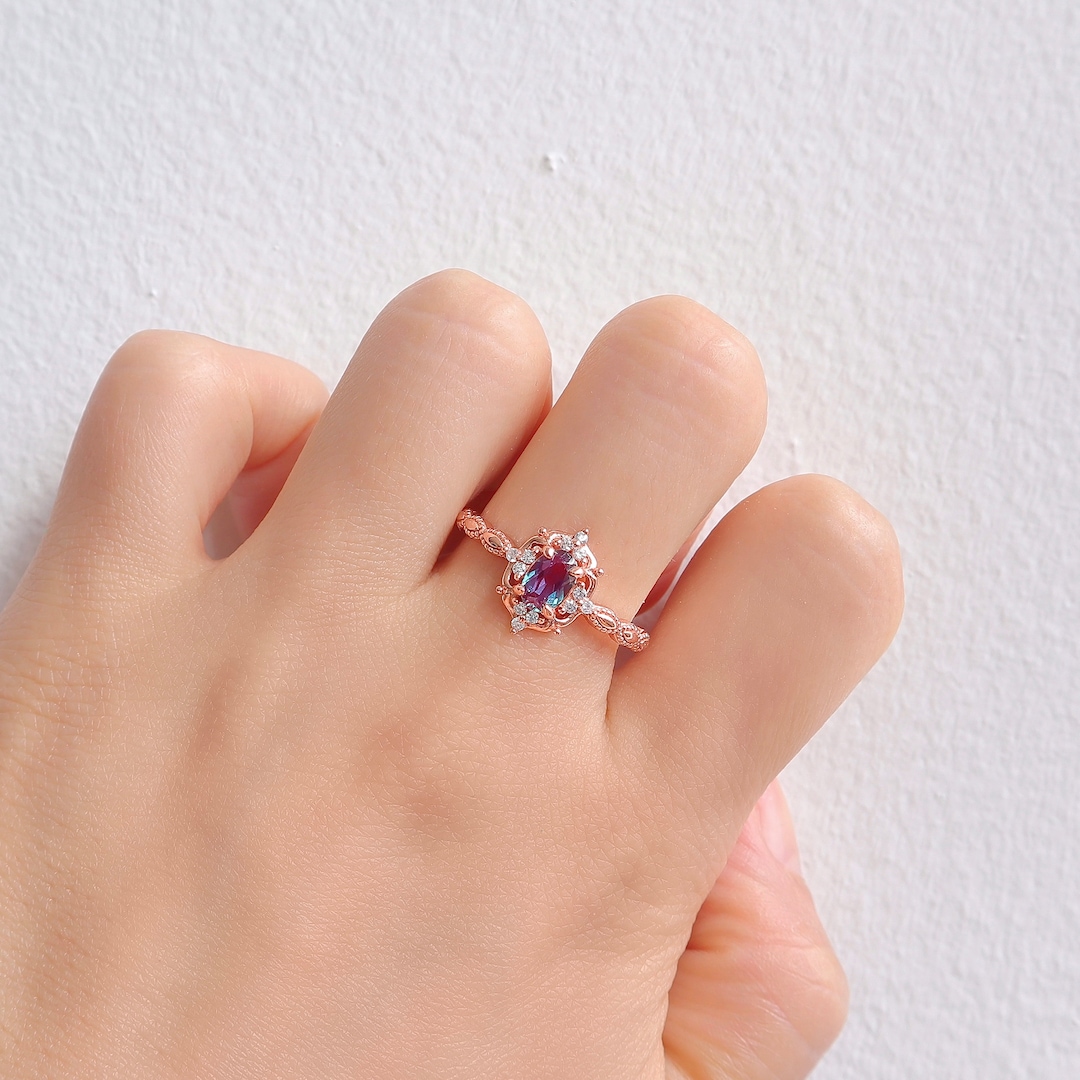 Fia Art Deco Alexandrite Ring 14K Rose Gold Rings for Women 14K Gold ...
