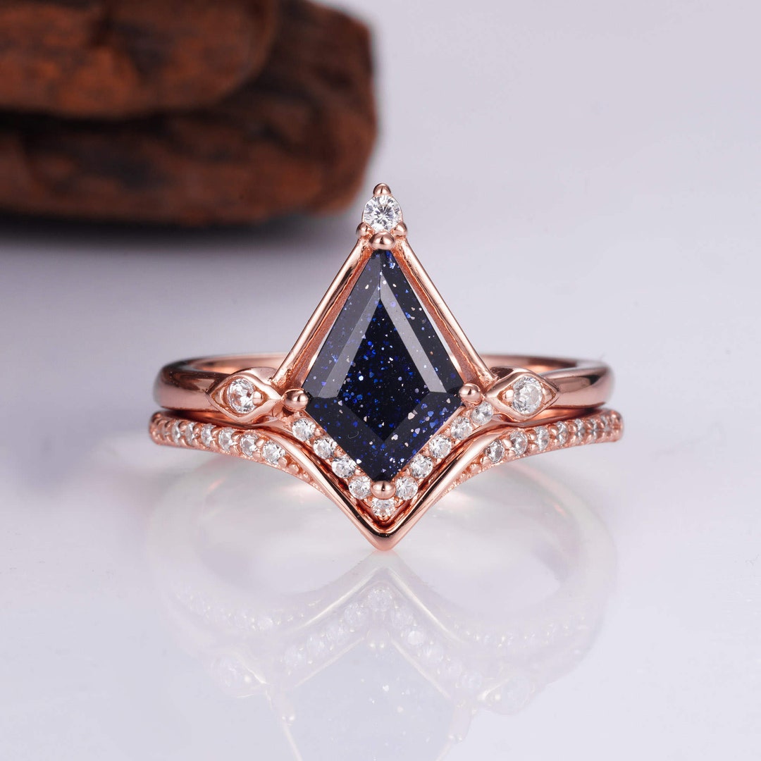 Dania Blue Sandstone Ring Set Sterling Silver Crystal Unique Ring Rose ...