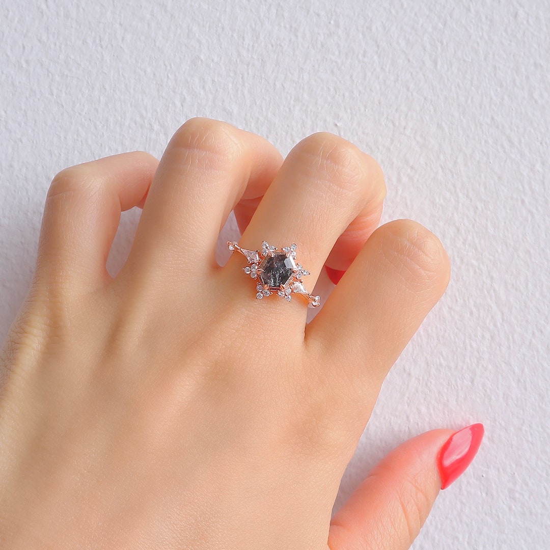 Mandy Galaxy Raw Salt and Pepper Diamond Ring Sterling Silver Rose Gold ...