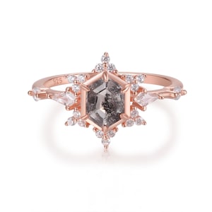 Mandy Vintage Natural Salt and Pepper Diamond Ring 14K Rose Gold Filled ...