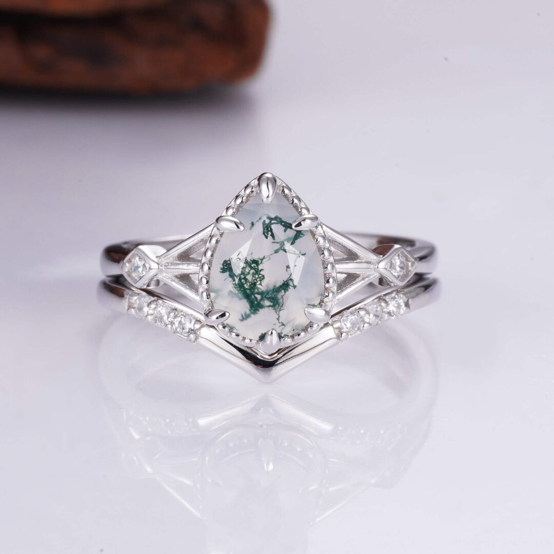 Emily Celtic Green Moss Agate Ring Sterling Silver Vermeil Pear Cut ...