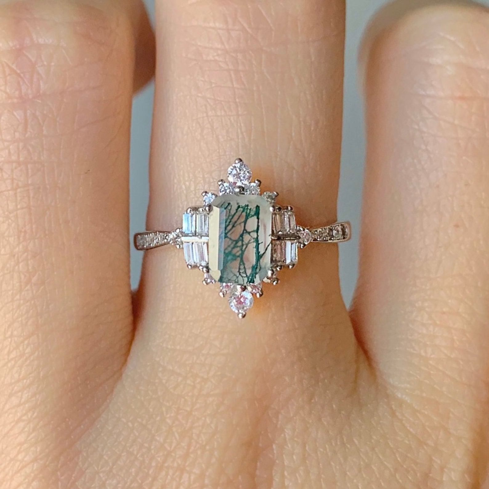 Sea Vintage Green Moss Agate Ring Set Sterling Silver Gold Natural ...