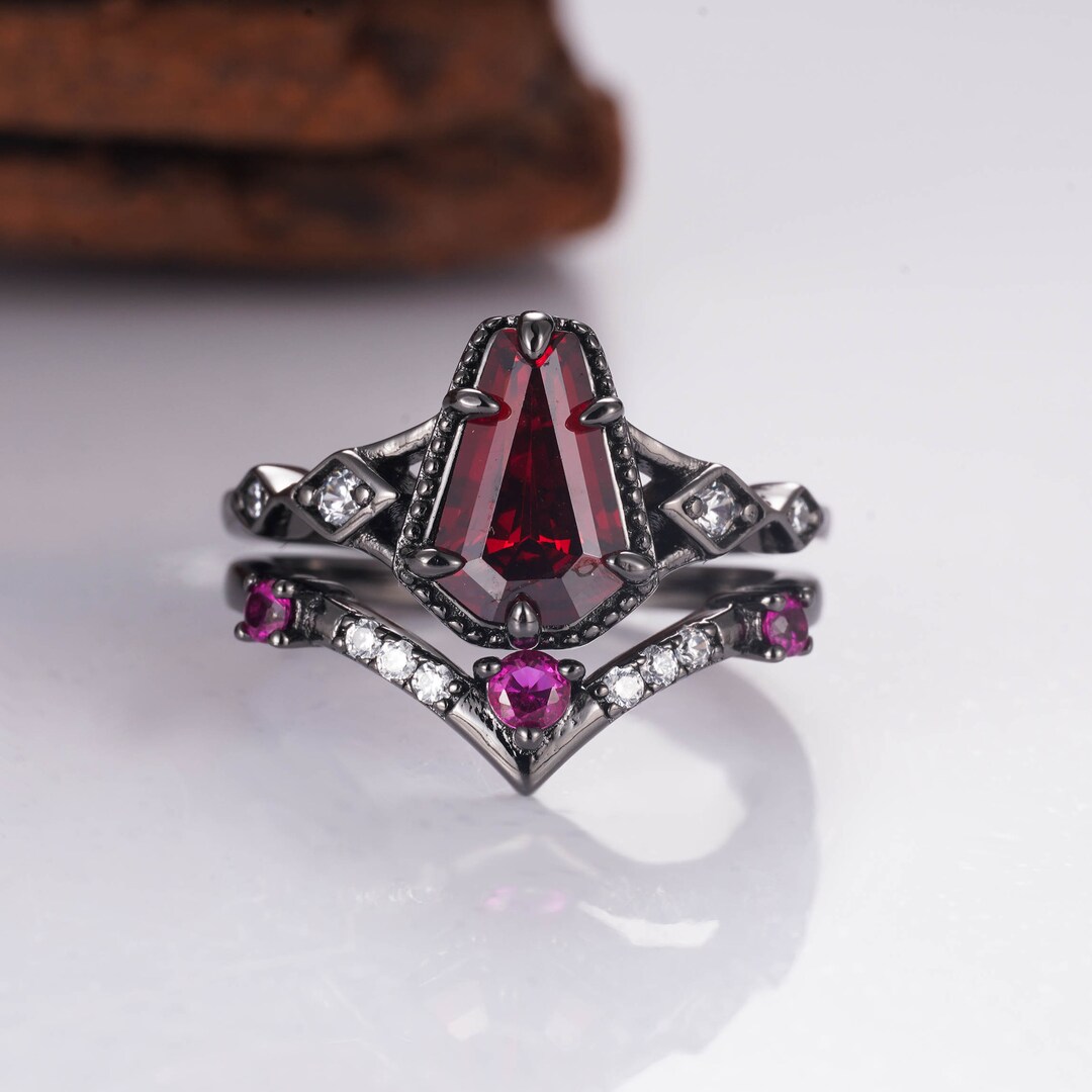 Atra Coffin Deep Red Garnet Ring Set Gothic Pink Sapphire Black ...