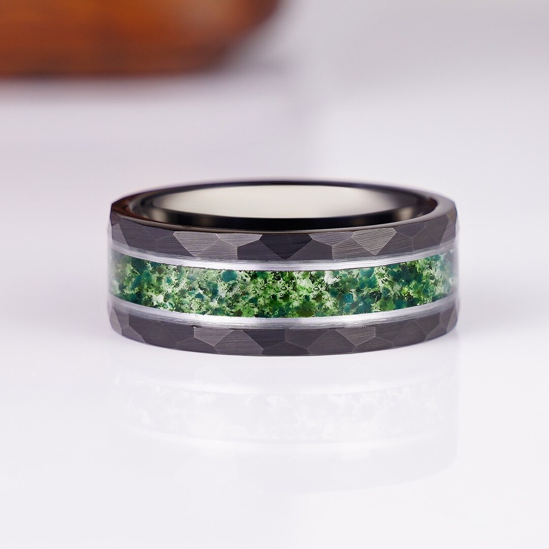 Steve Hammered Silver Moss Agate Band for Men Vintage Black Tungsten ...