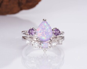 April Natural Opal and Amethyst Ring Set Dainty Minimalist Crystal ...