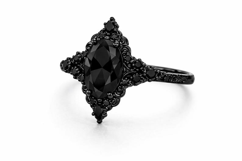 Monique Black Onyx Engagement Ring Gift for Her Women Gothic Lotus ...