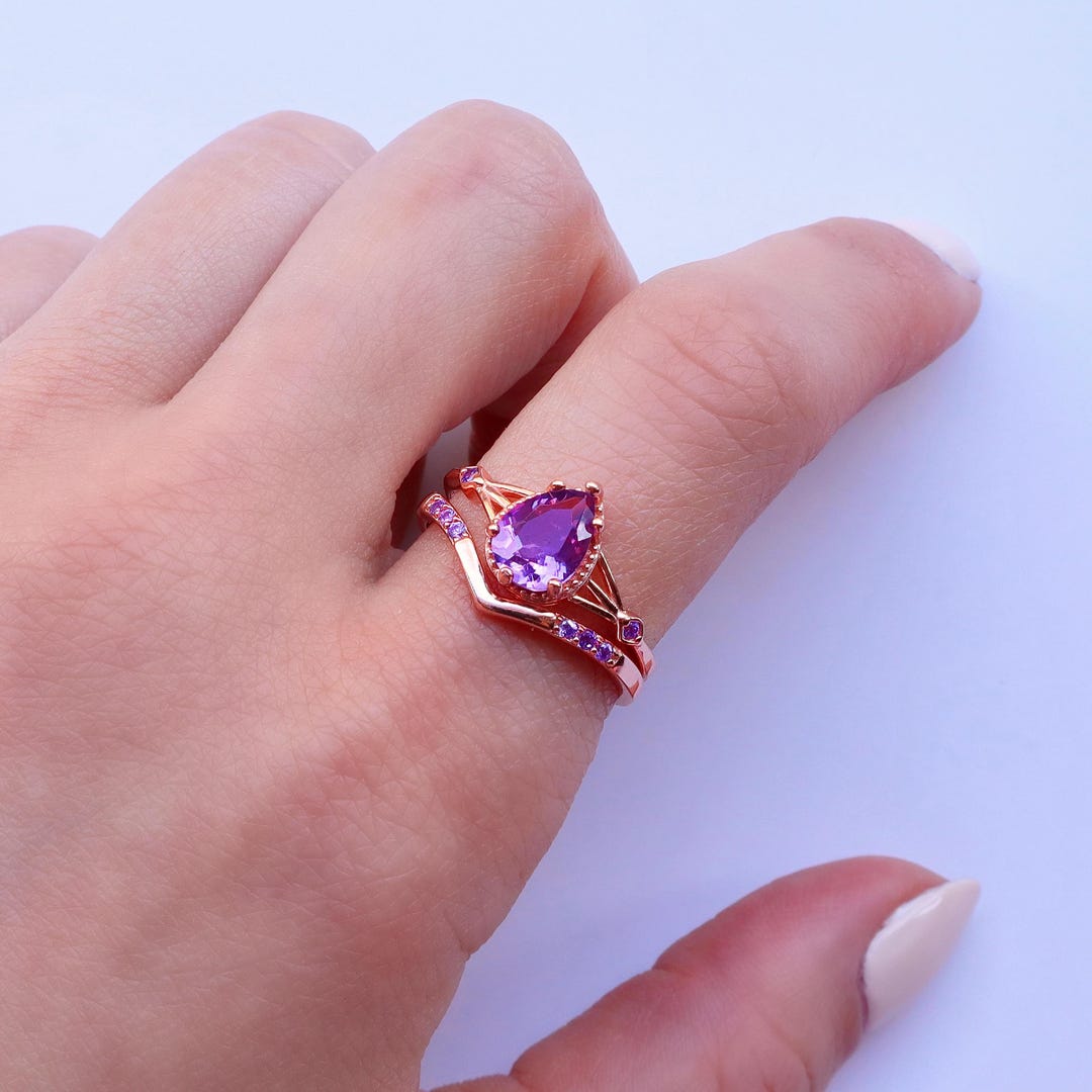 Emily Purple Amethyst Ring Set Rose Gold Minimalist Jewelry Quartz ...