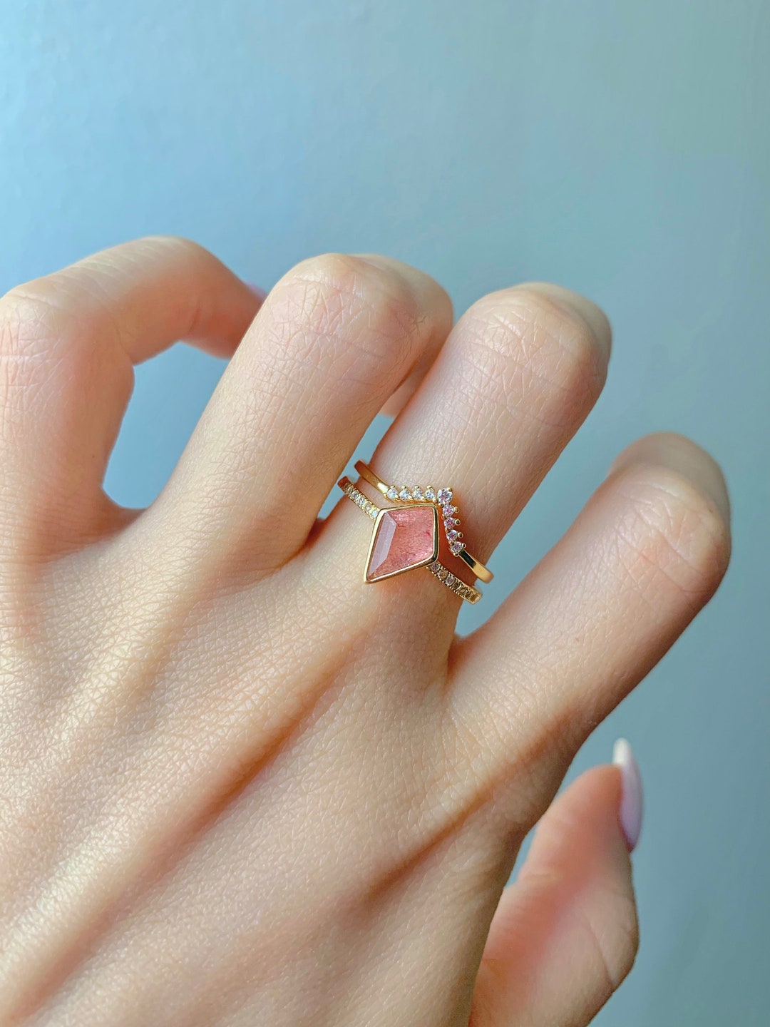 Ska Kite Strawberry Quartz Ring Set Engagement 14K Rose Gold Vermeil ...