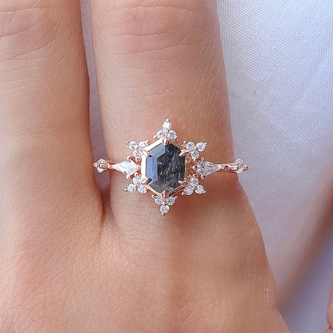 Mandy Vintage Natural Salt and Pepper Diamond Ring 14K Rose Gold Filled ...