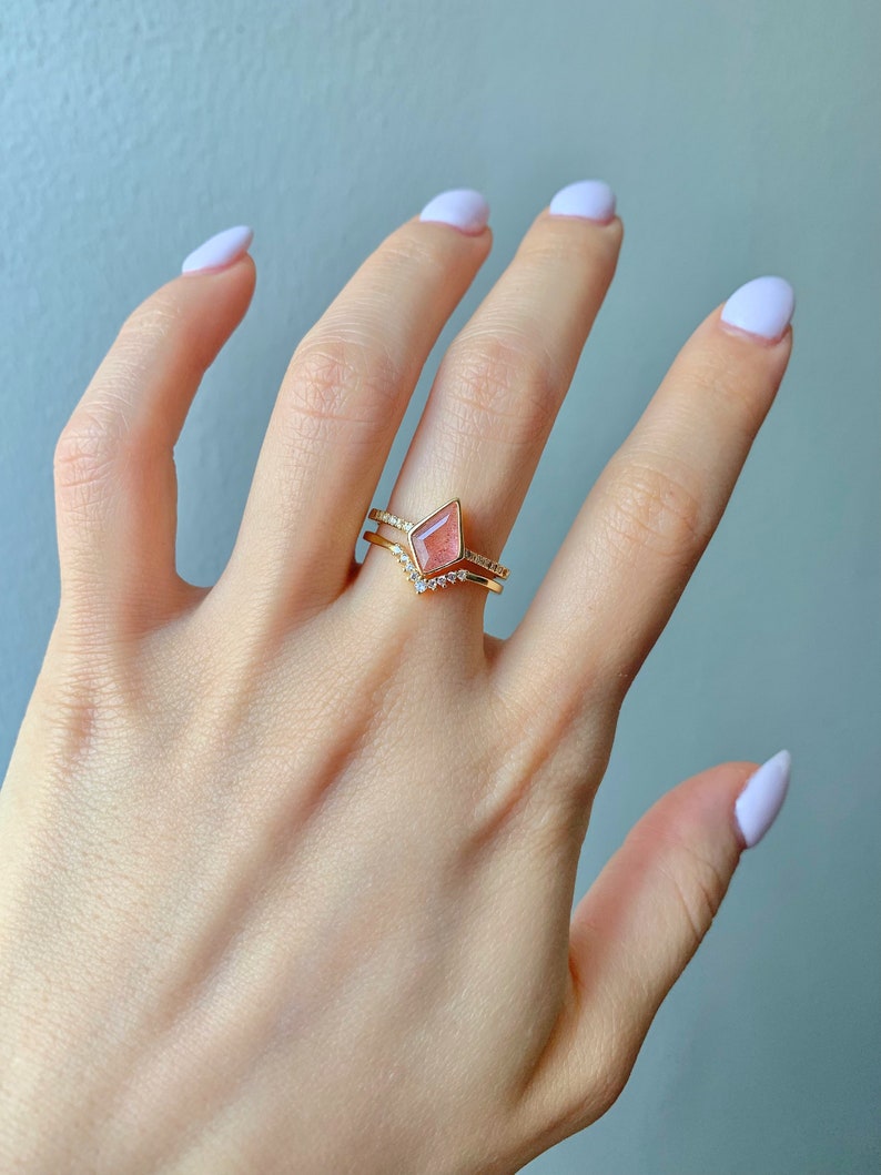 Ska Kite Strawberry Quartz Ring Set Engagement 14K Rose Gold - Etsy