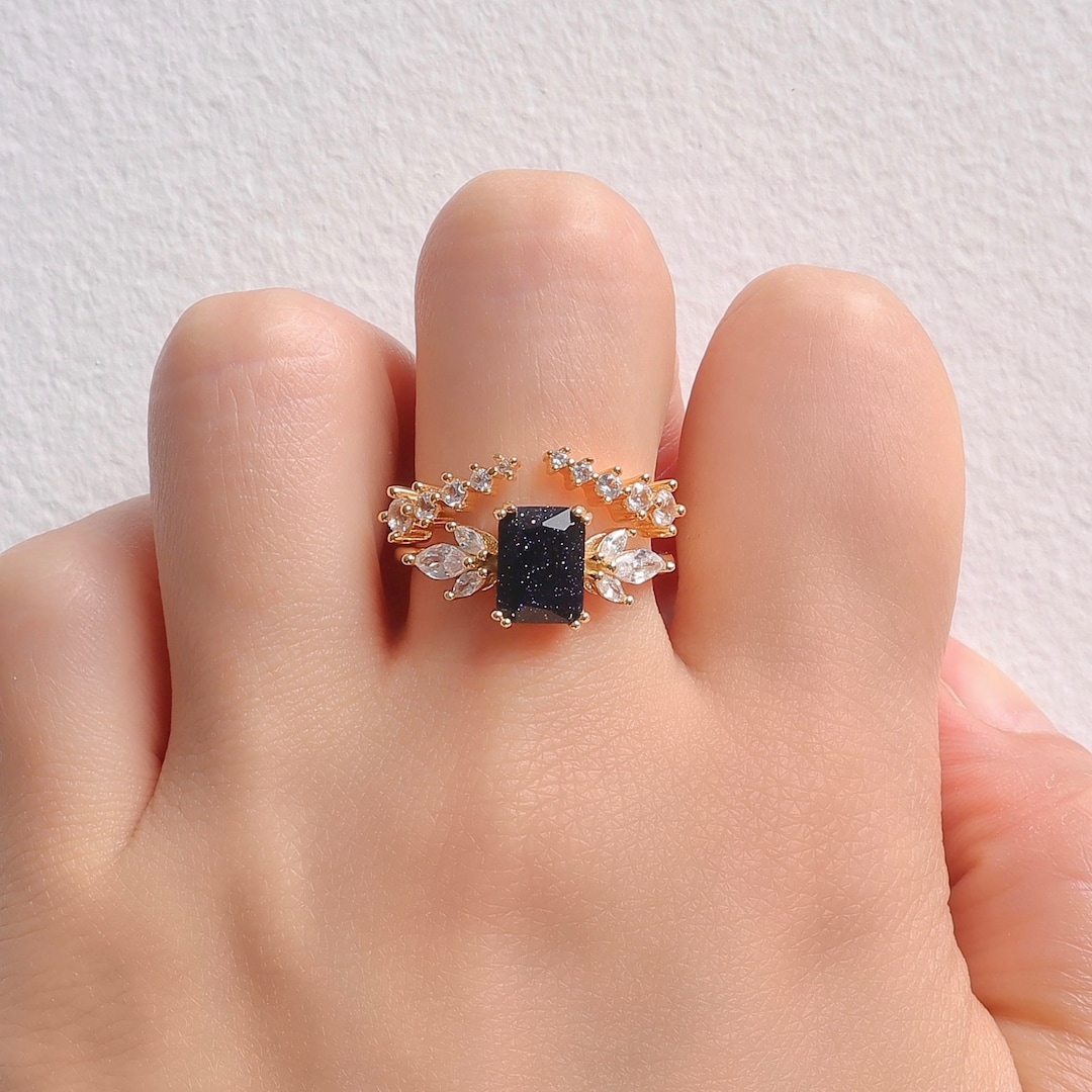 Ivy Vintage Blue Sandstone Ring Set 14K Gold Filled Engagement Promise ...