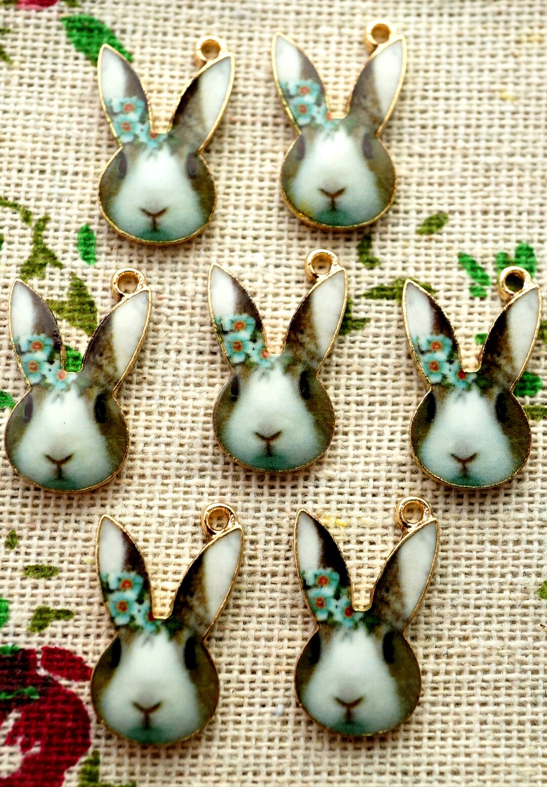 Rabbit Charms 2 Gold White & Brown Enamel Pendant Charm - Etsy