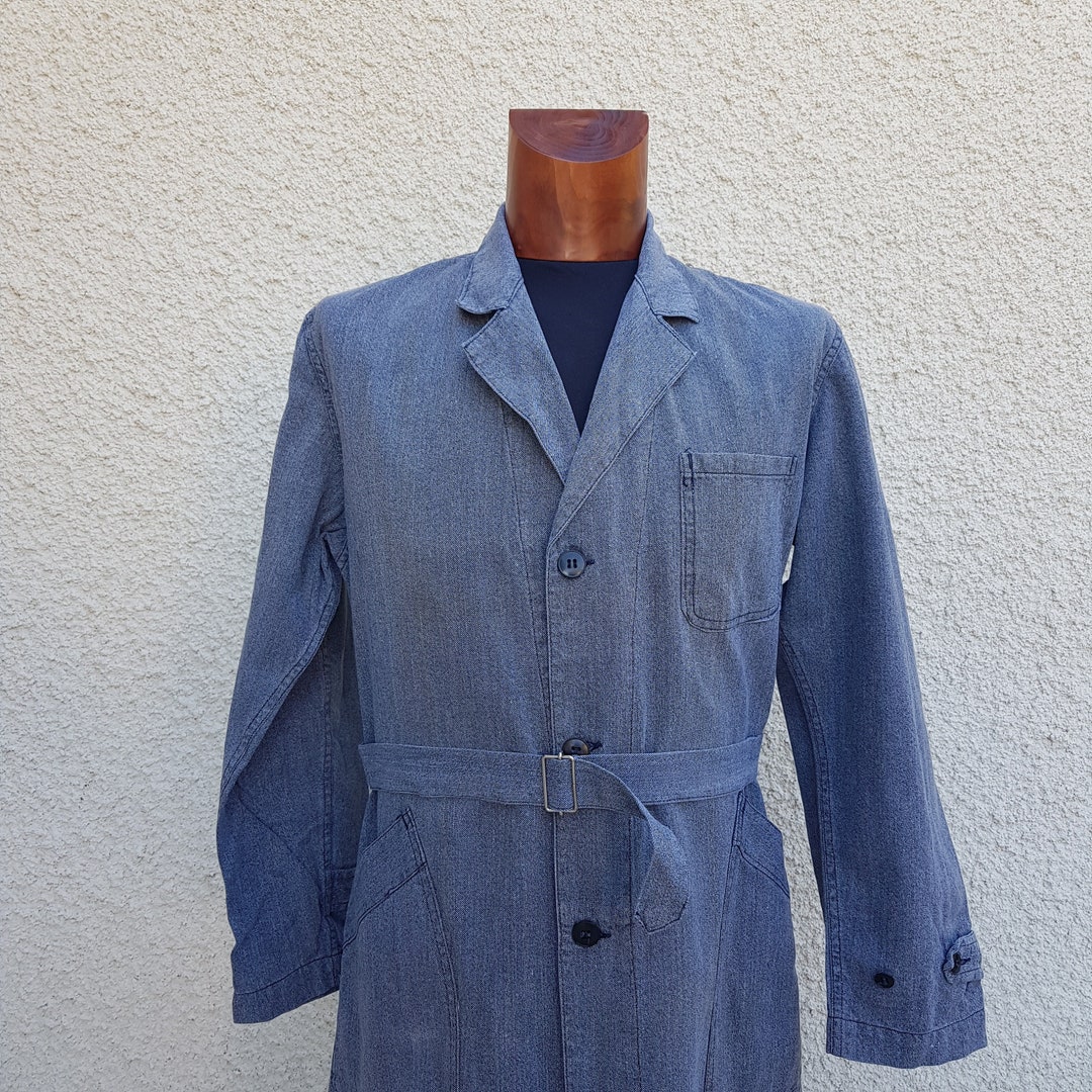 Vintage French Grey Salt and Pepper Long Chore Jacket Duster Coat Work ...