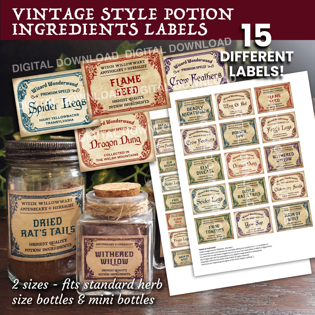 Potion Ingredients Labels, Herb, Vintage Apothecary, Scrapbooking ...