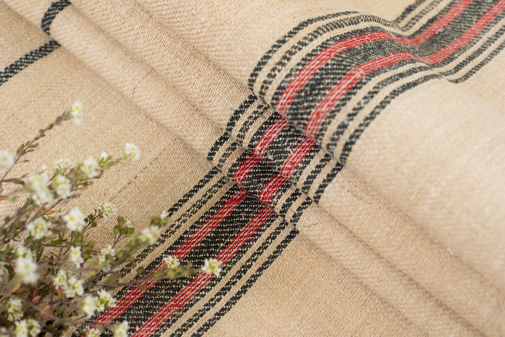 Linen fabric by the yard for upholstery / Black Red Stripes | Etsy