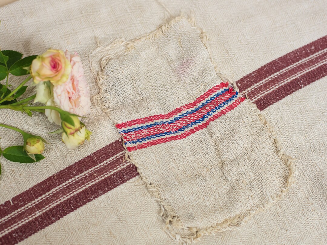 Grain Sack Patch Red Stripes | Antique Grain Sack Fabric | Antique ...