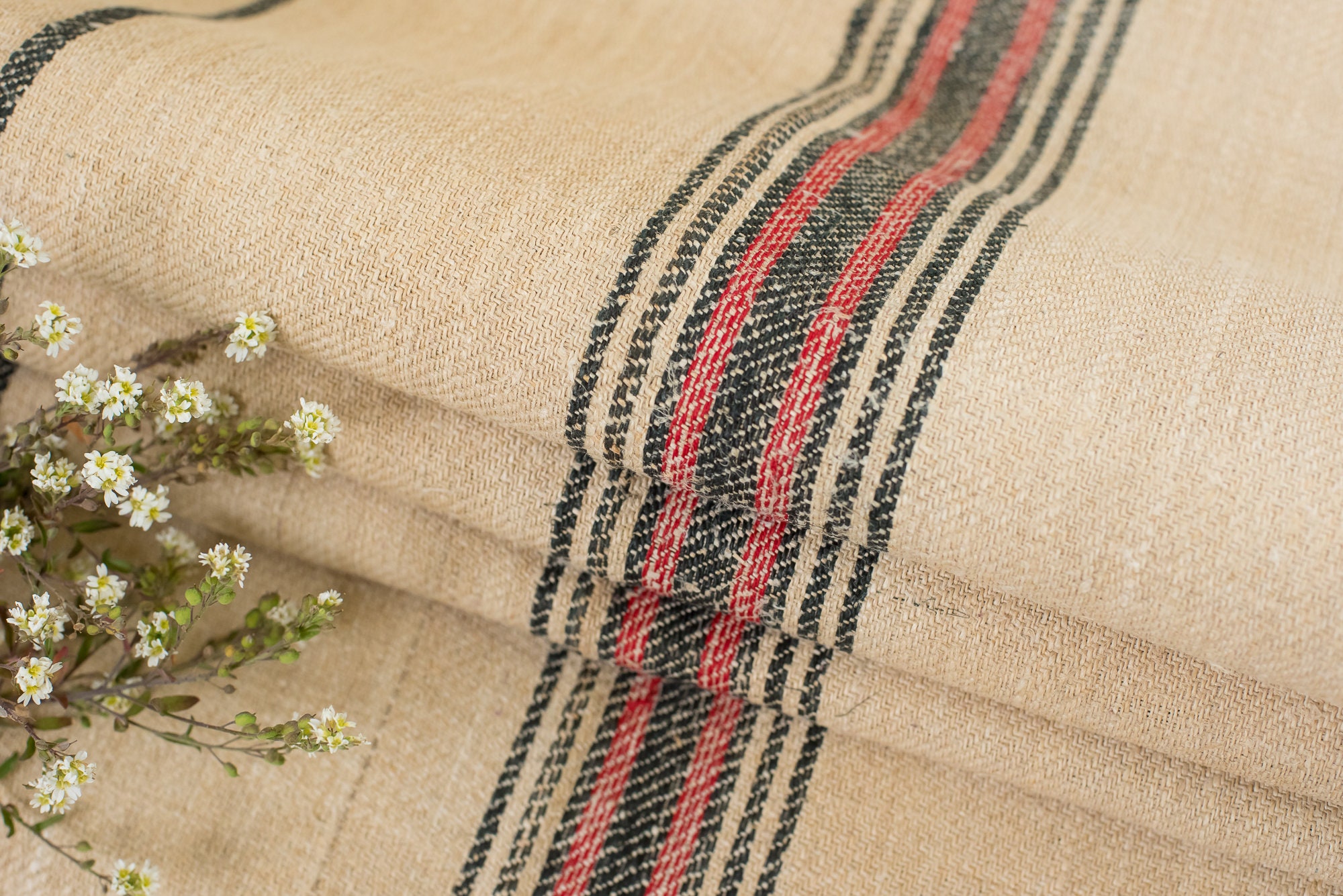 Linen fabric by the yard for upholstery / Black Red Stripes | Etsy