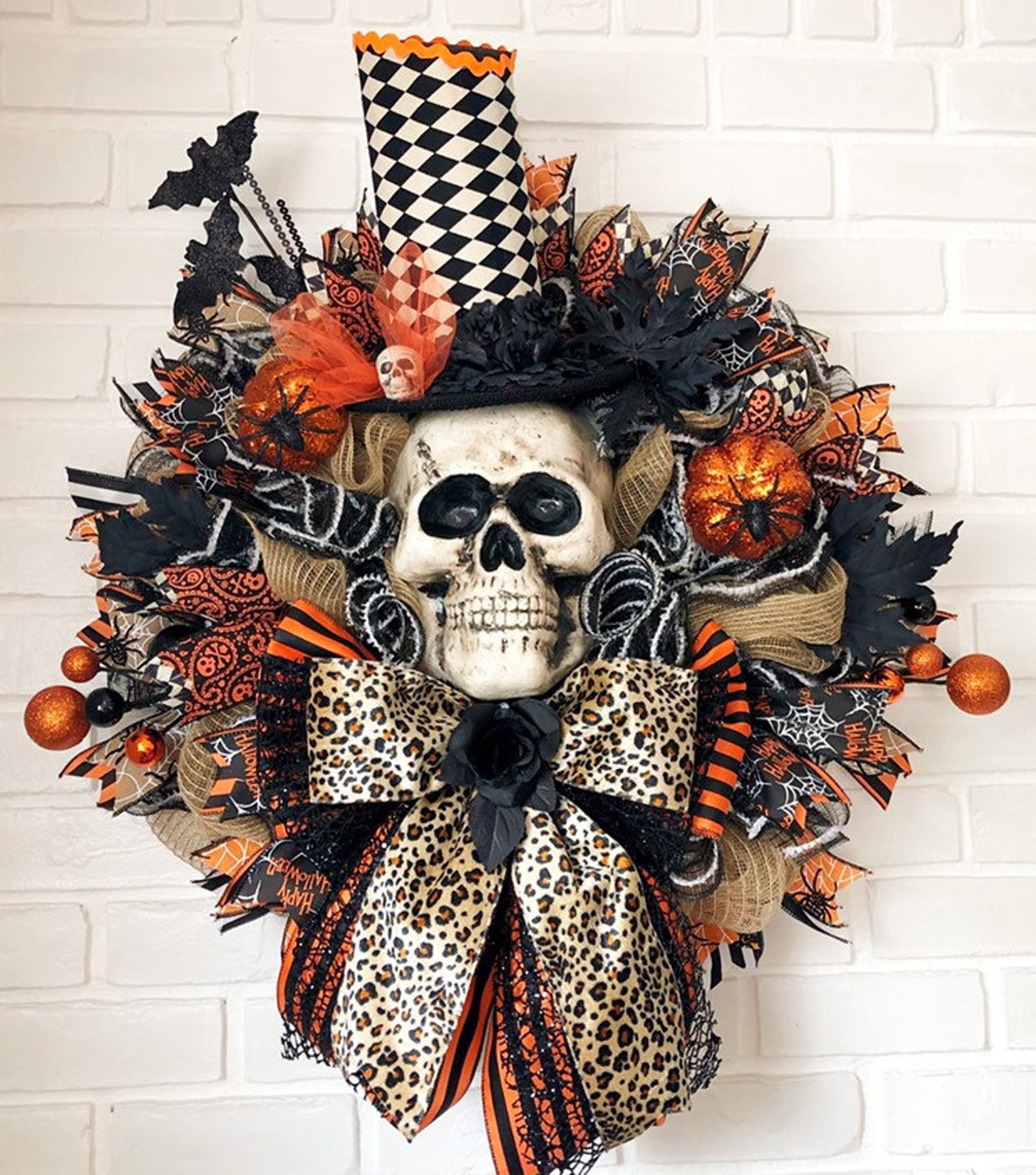 Mr Bones, Skeleton Wreath, Skull Decor, Halloween Wreath, Orange Black ...