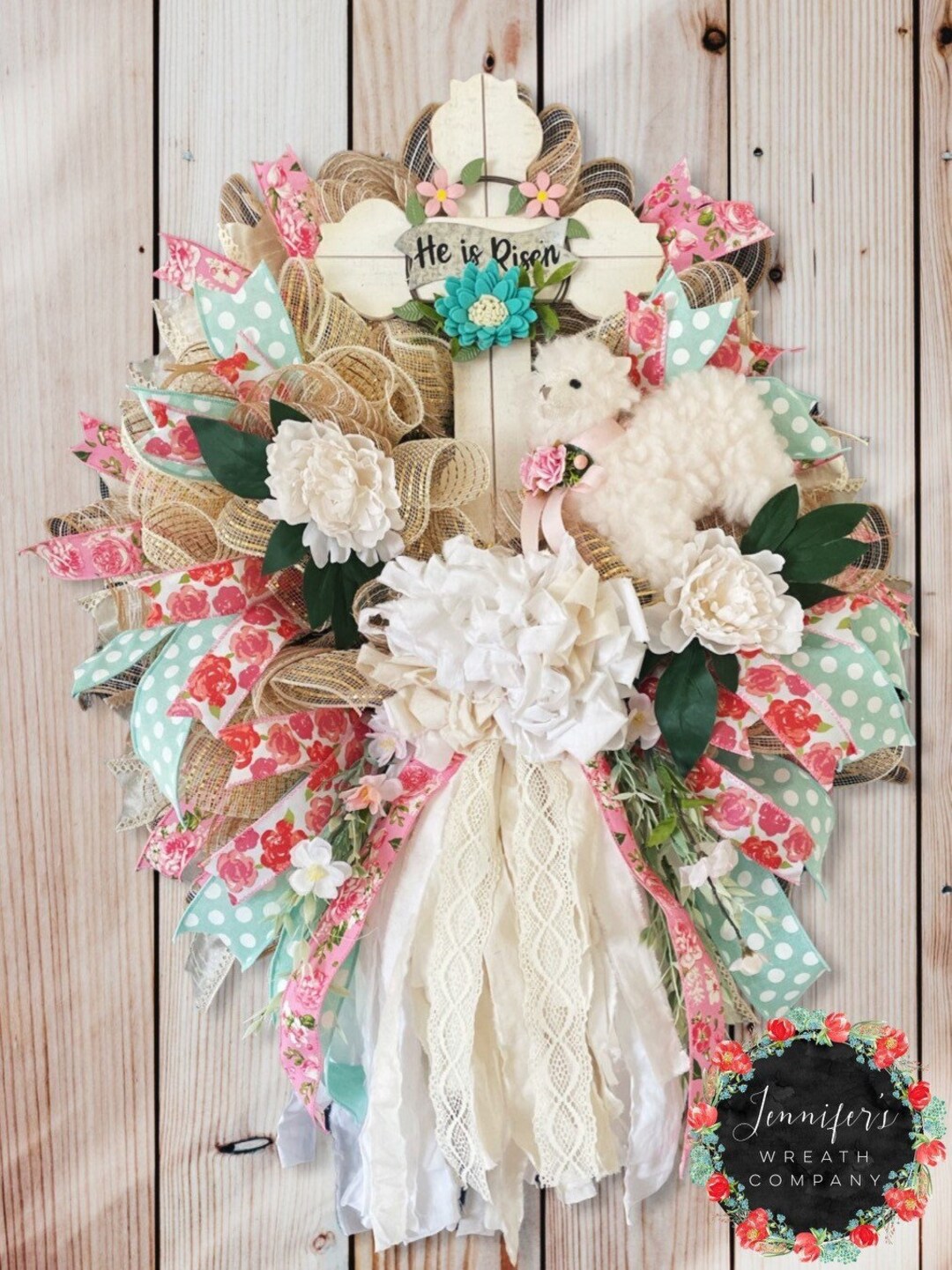 Easter Wreath, Cross Wreath, Religious, Spring, Lamb, Easter Decor, Rag ...