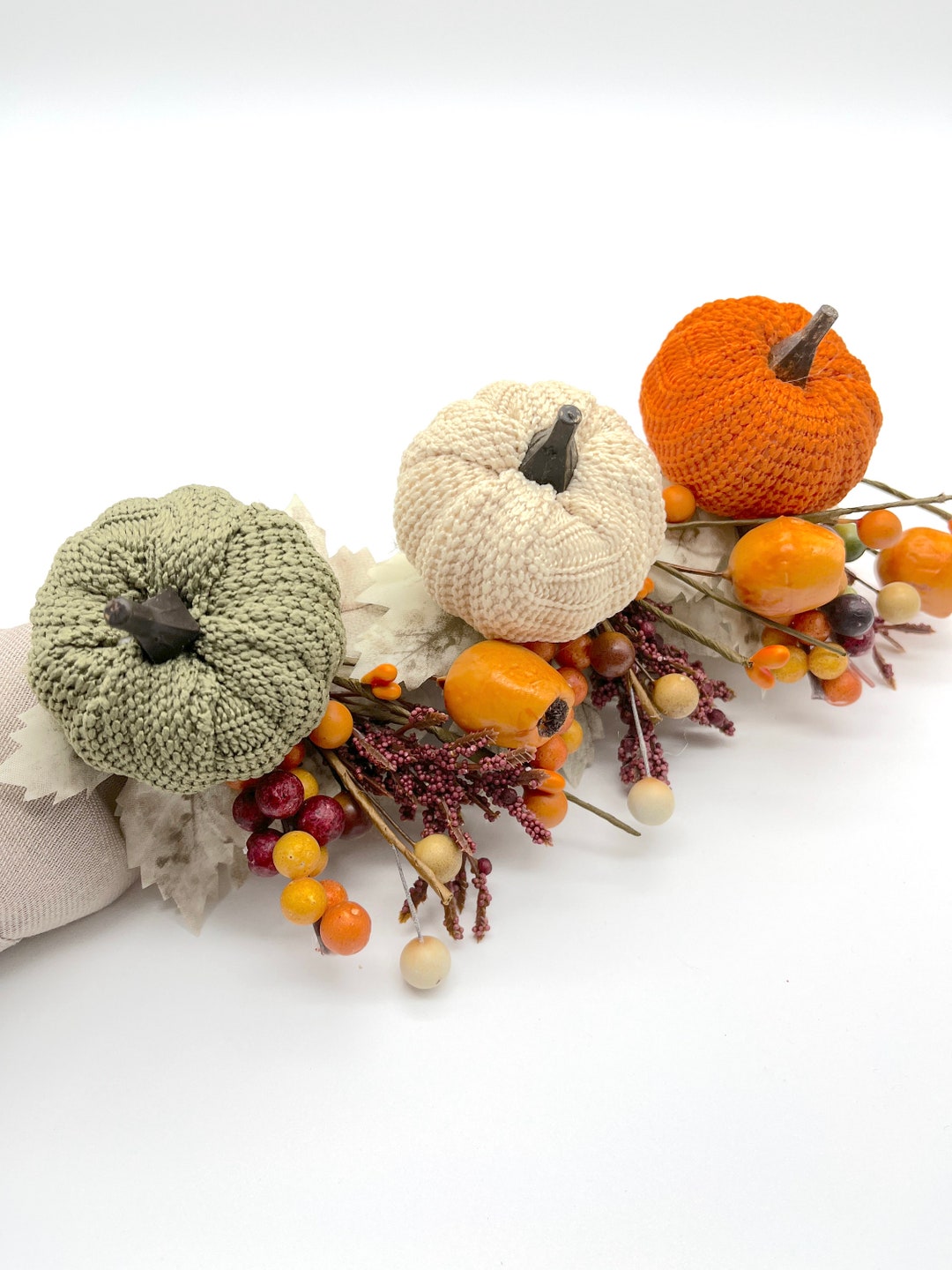 Knitted & Woven Pumpkin Napkin Rings With Orange, Beige and Green ...