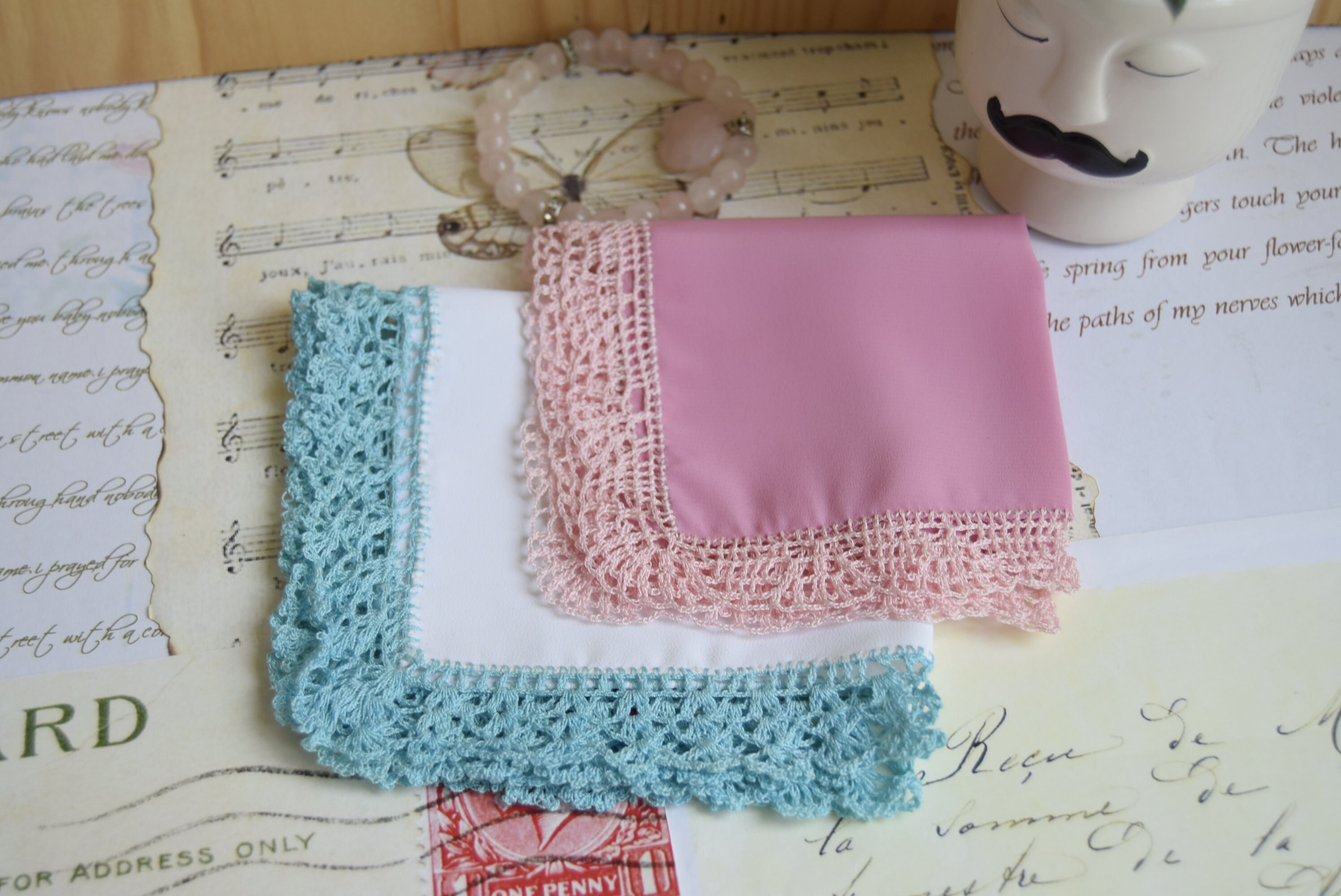 Colored Handkerchiefs,set of 2,hand Knitted Lace,vintage Silk With Lace ...