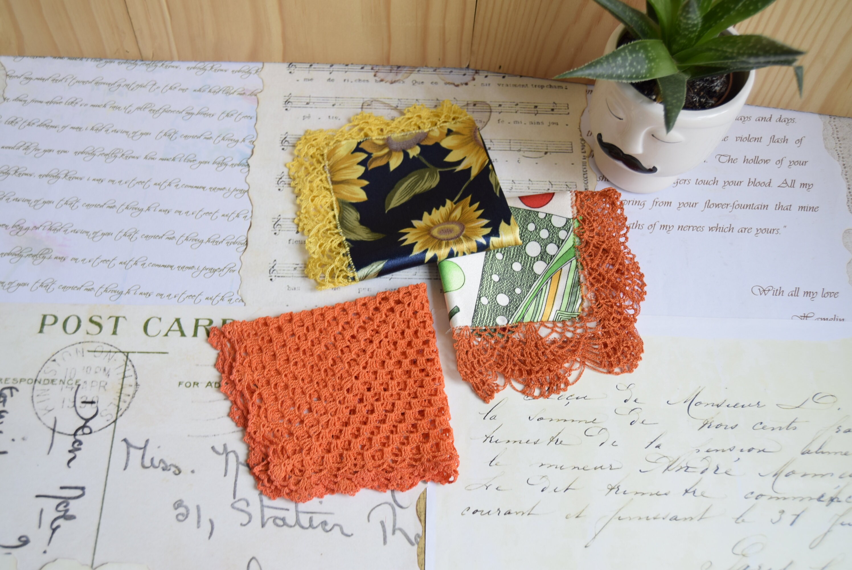 Colored Handkerchiefs,set of 3,hand Knitted Lace,colored Satin With ...