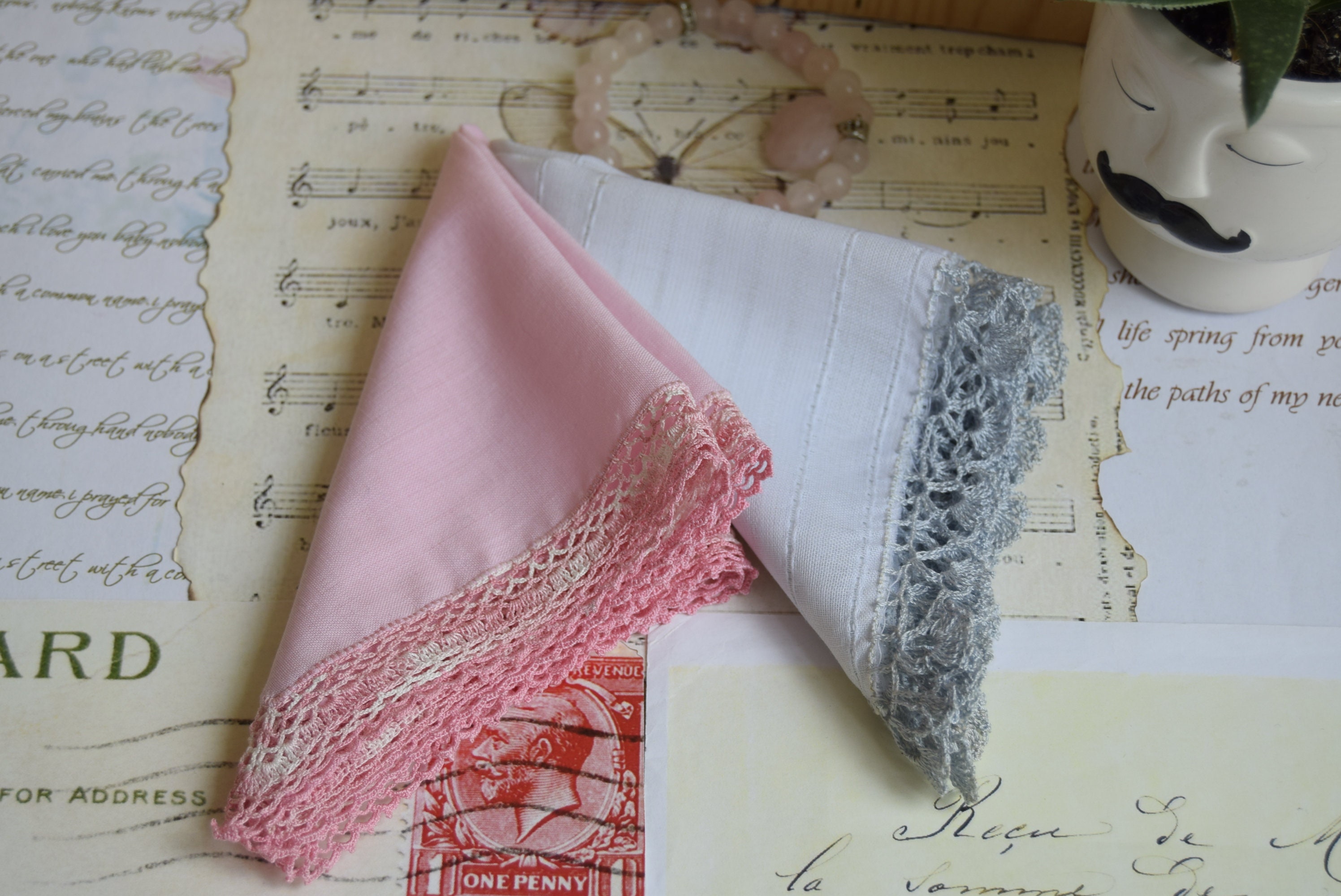 Colored Handkerchiefs,set of 2,hand Knitted Lace,cotton Fabric With ...