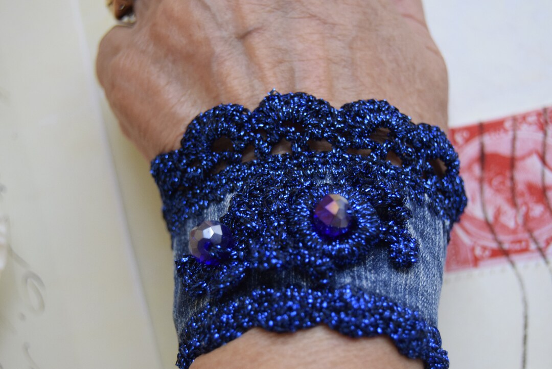Denim Bracelet,hand Knitted Lace,upcxycled Handmade Denim, Jeans ...
