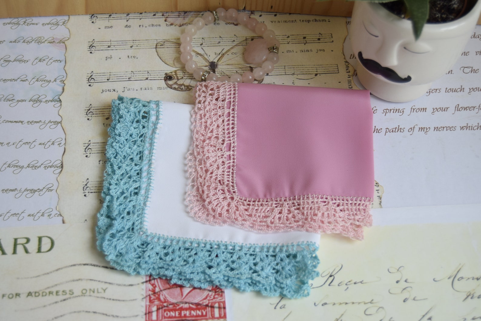 Colored Handkerchiefs,set of 2,hand Knitted Lace,vintage Silk With Lace ...