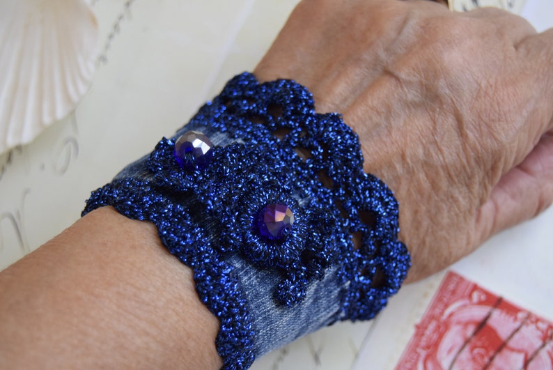 Denim Bracelet,hand Knitted Lace,upcxycled Handmade Denim, Jeans ...