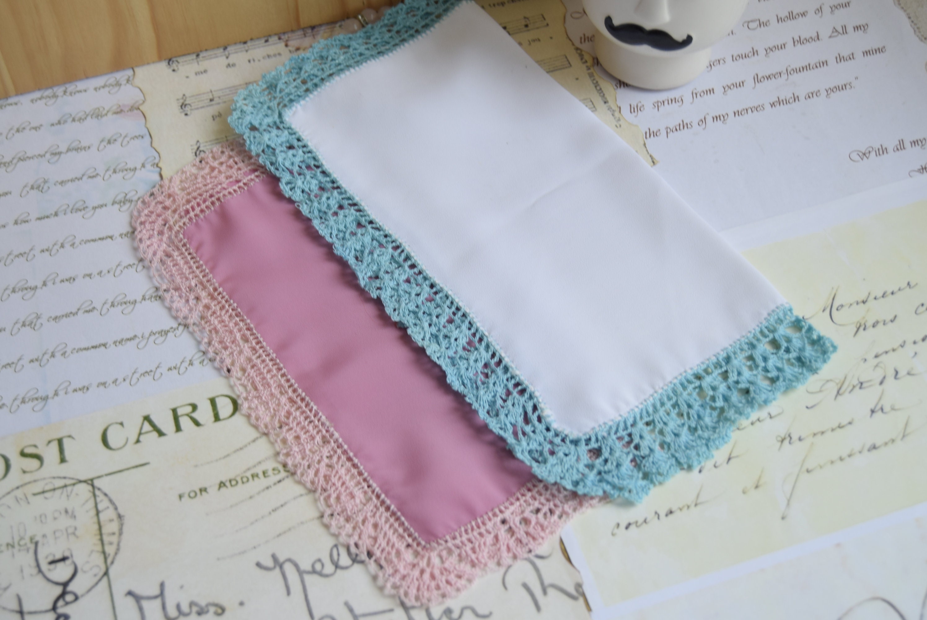 Colored Handkerchiefs,set of 2,hand Knitted Lace,vintage Silk With Lace ...
