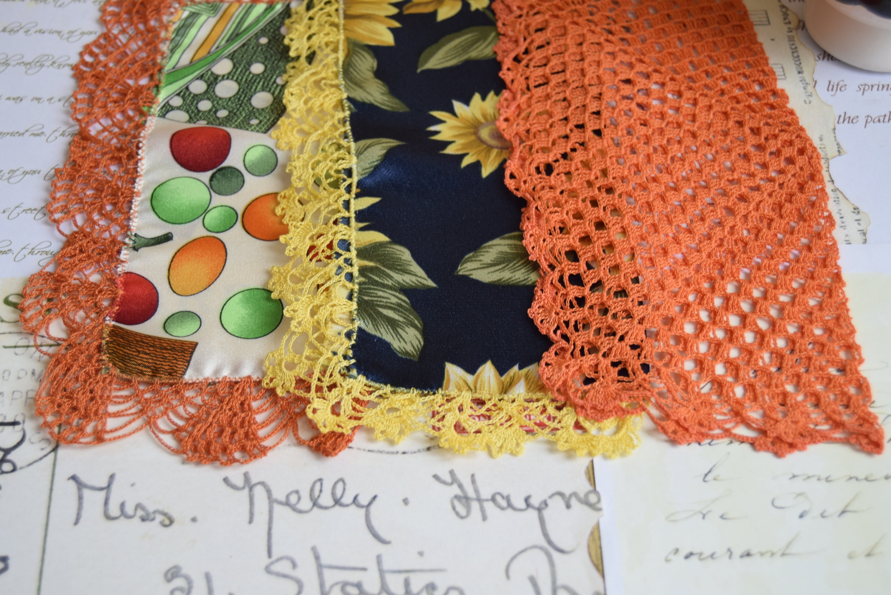 Colored Handkerchiefs,set of 3,hand Knitted Lace,colored Satin With ...