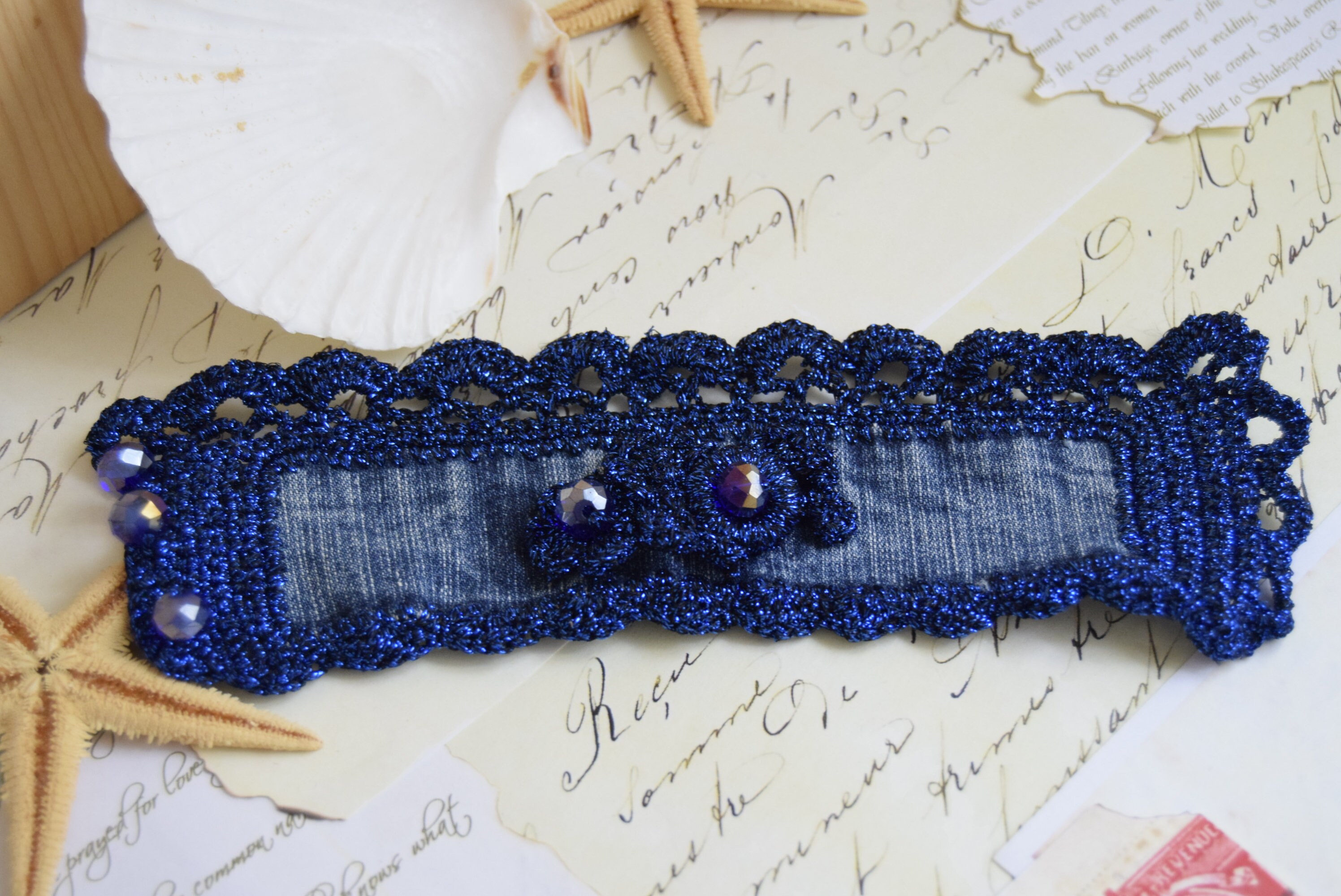 Denim Bracelet,hand Knitted Lace,upcxycled Handmade Denim, Jeans ...