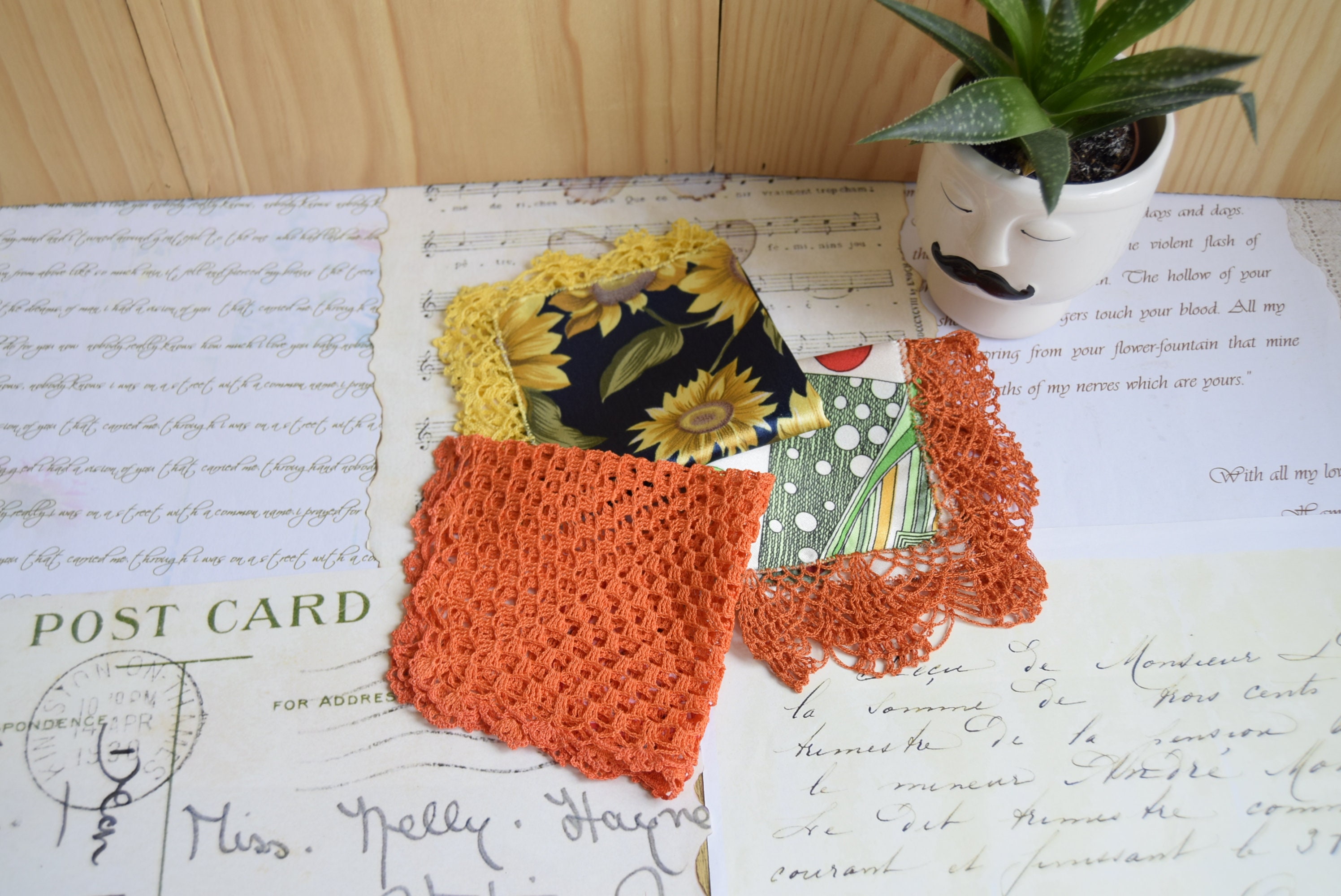 Colored Handkerchiefs,set of 3,hand Knitted Lace,colored Satin With ...