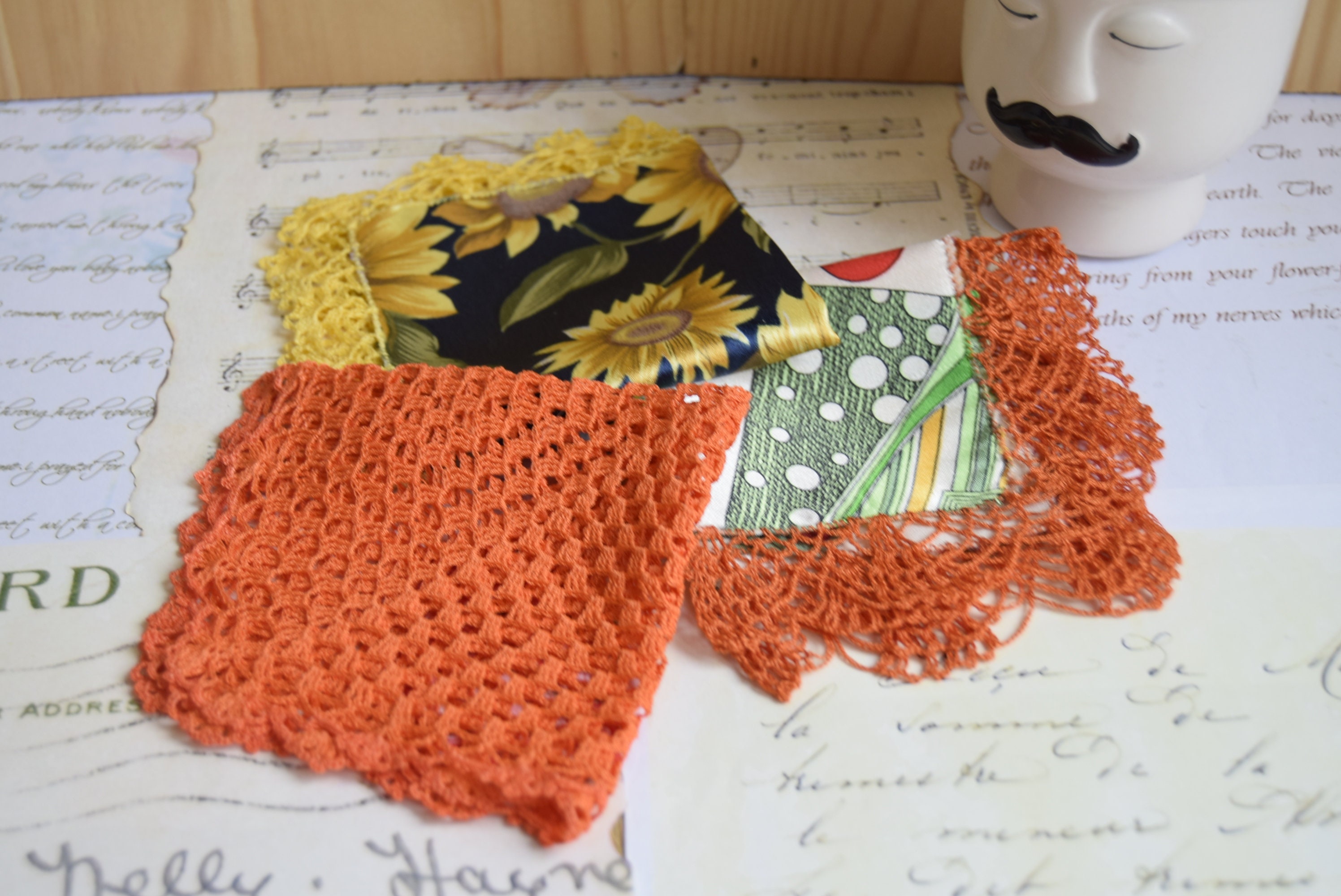 Colored Handkerchiefs,set of 3,hand Knitted Lace,colored Satin With ...